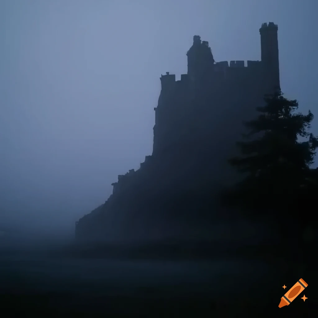 Creepy misty landscape with a castle and a person in a cape on Craiyon