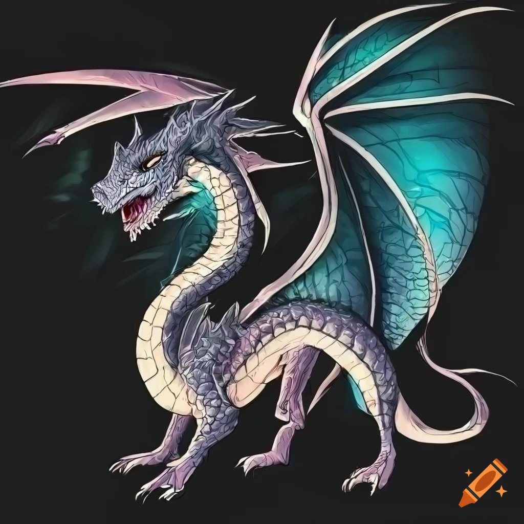 Detailed side view illustration of a dragon with wings and four legs on ...