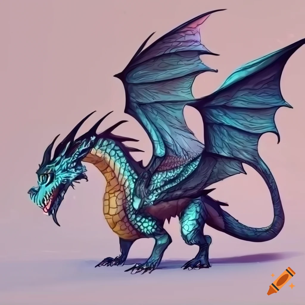 Detailed side view illustration of a dragon with wings and four legs on ...