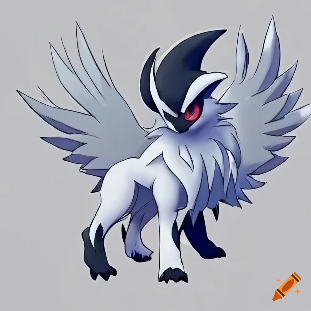 Mega Absol with white wings and long black horn on Craiyon