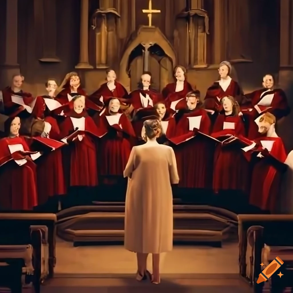 Choir singing in a church with a university lecturer on Craiyon