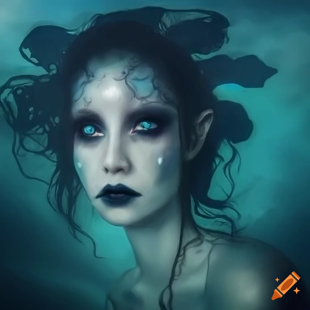 Concept art of a gothic mermaid goddess in an underwater bedroom on Craiyon