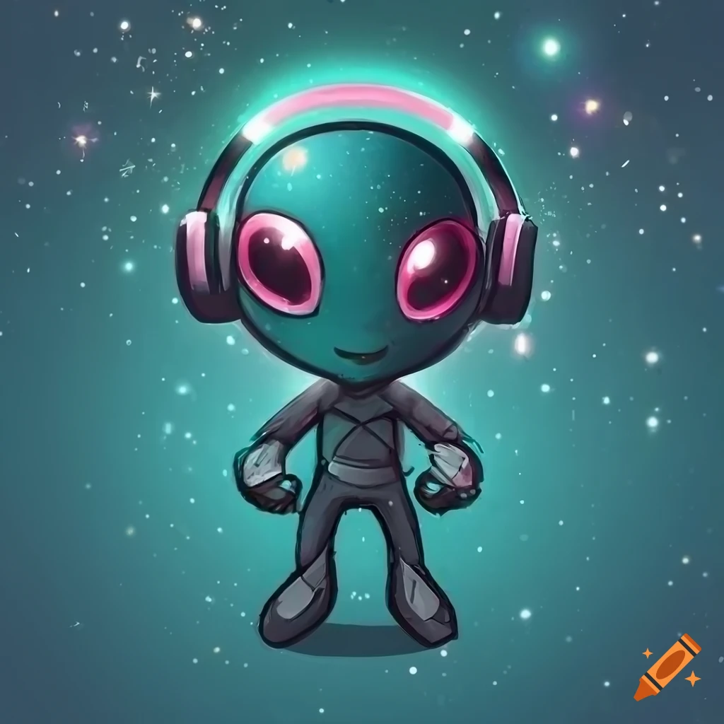 Photorealistic chibi alien with headphones in space on Craiyon