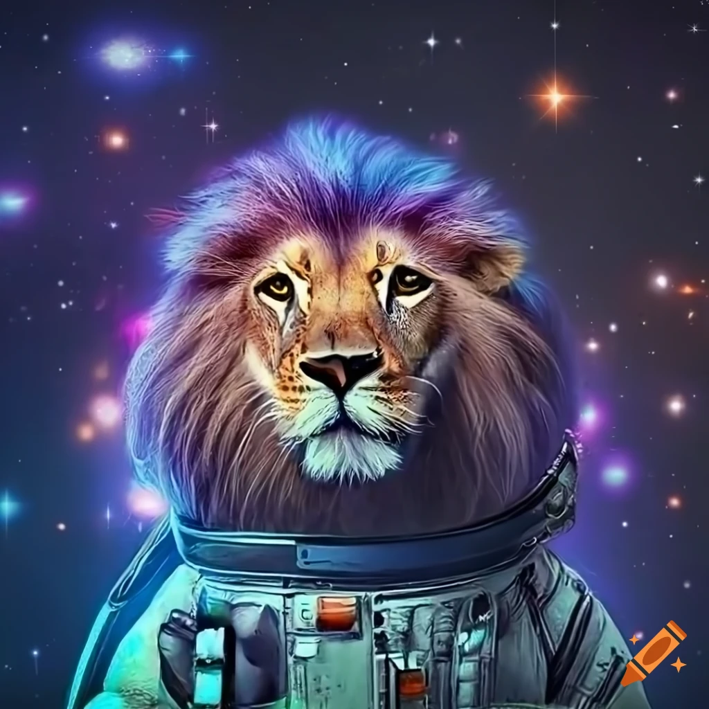 Hyperrealistic lion in astronaut suit in space on Craiyon