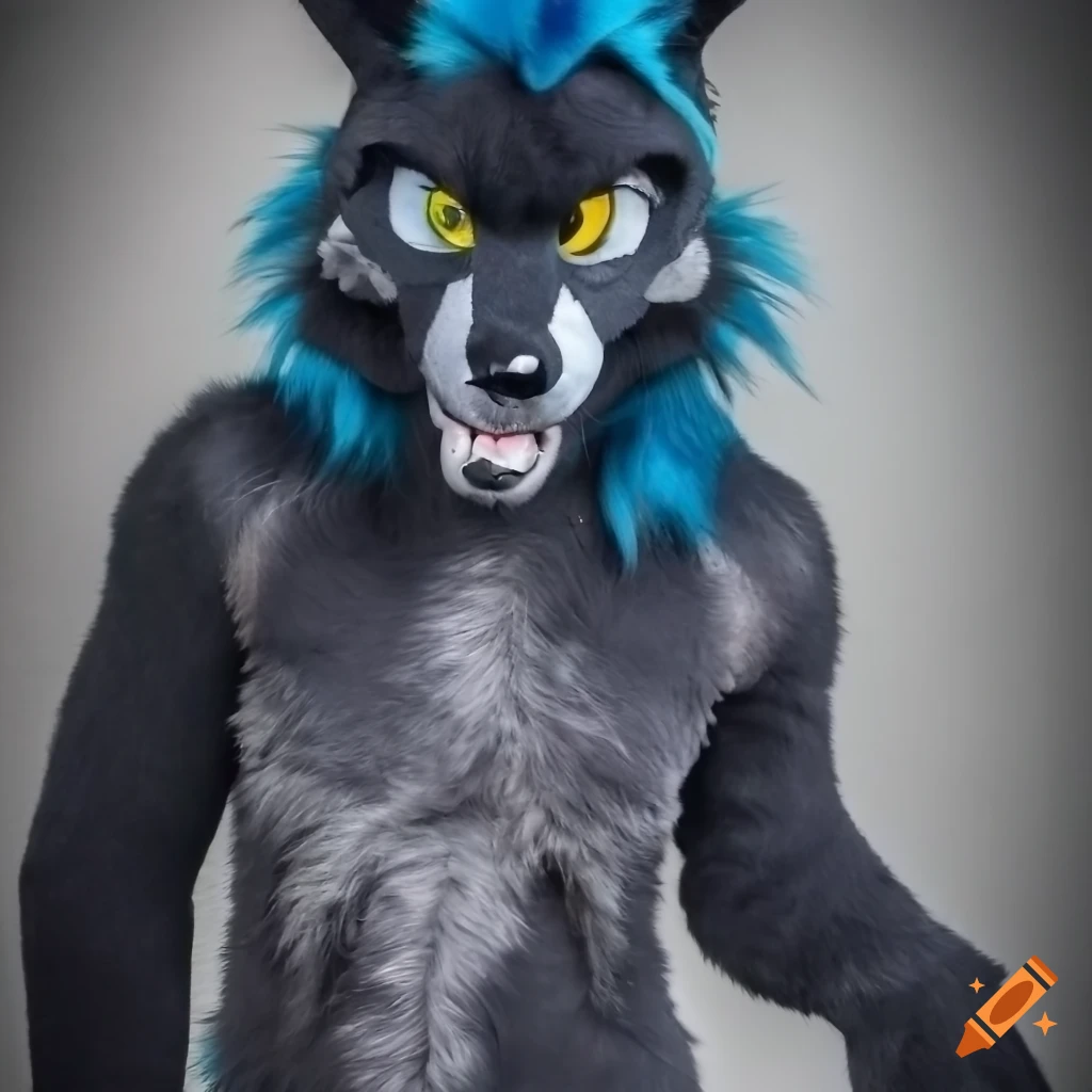 Photo of a black wolf fursuit with blue hair