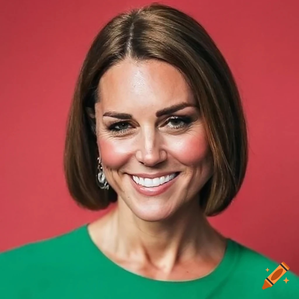 Kate Middleton with straight bob haircut and green t-shirt on Craiyon