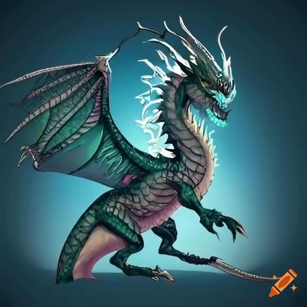 Side view illustration of a detailed dragon with wings on Craiyon