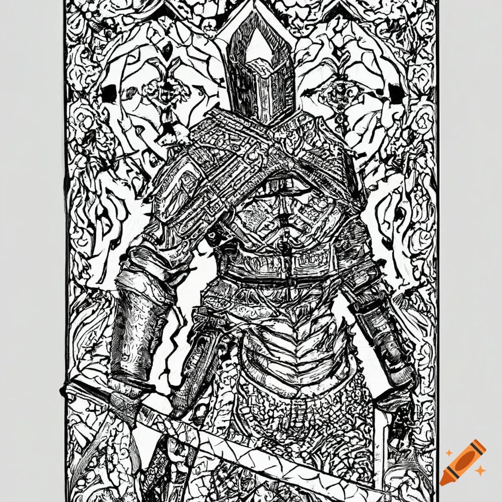 Detailed line drawing of a dark souls knight on Craiyon