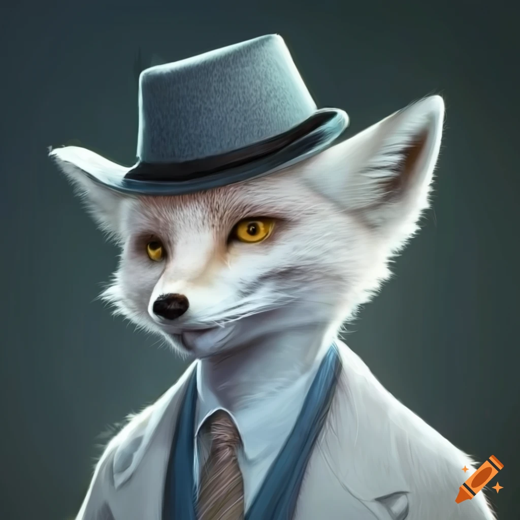 Anthropomorphic white fox wearing a fedora hat