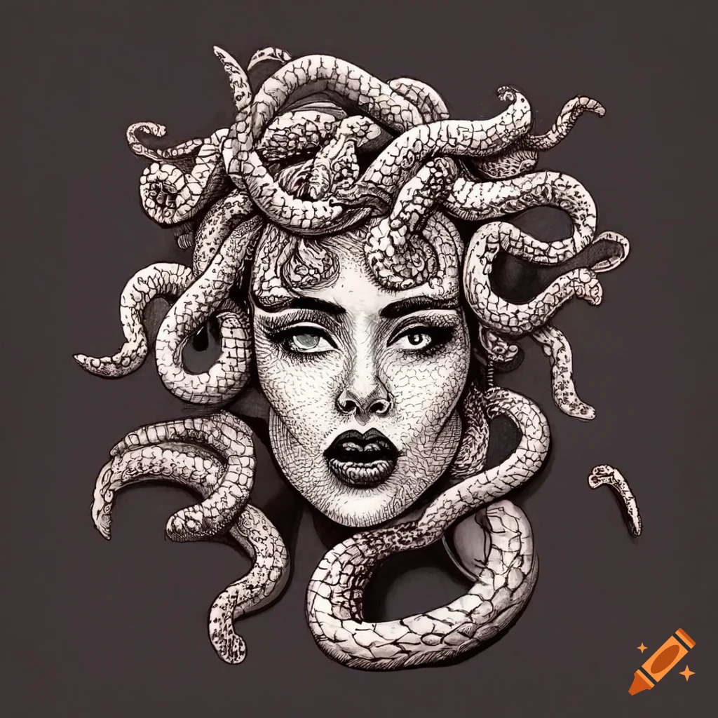 Pen drawing of a medusa with snake hair on Craiyon