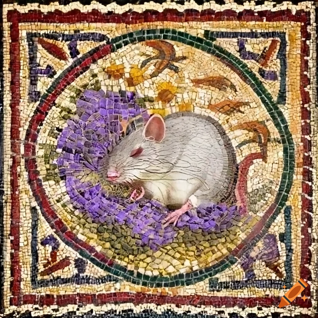 Roman mosaic of sleeping rats in a flower garden on Craiyon