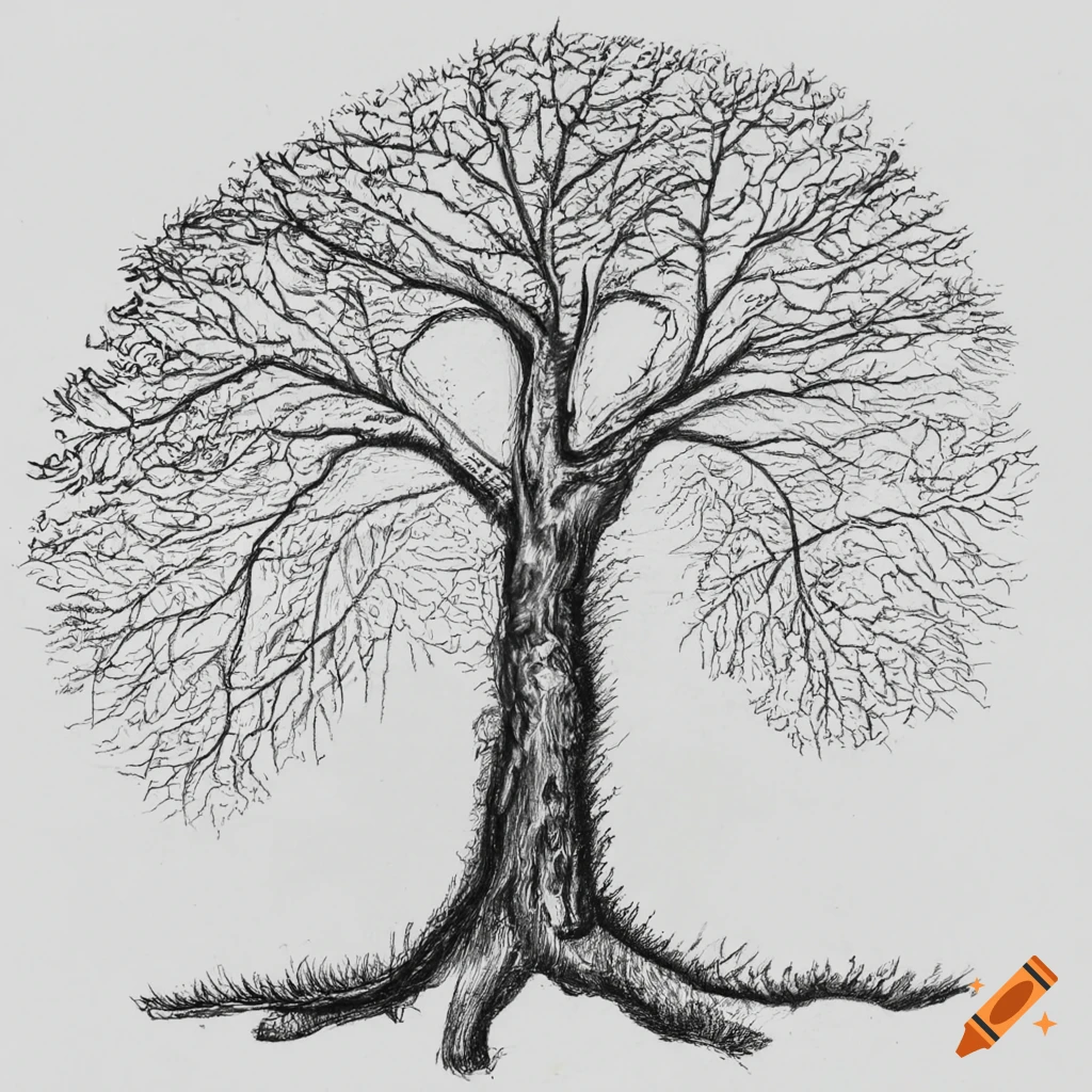 Hatching drawing of interconnected tree branches representing ideas on Craiyon