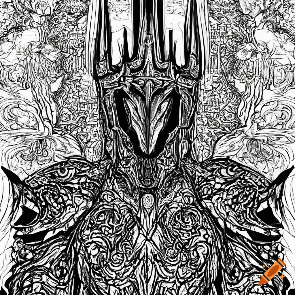 Detailed line drawing of sauron in armor