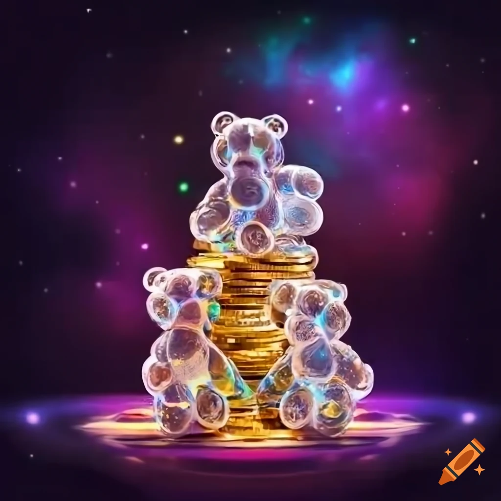Holographic teddy bears with coins and nebula background on Craiyon
