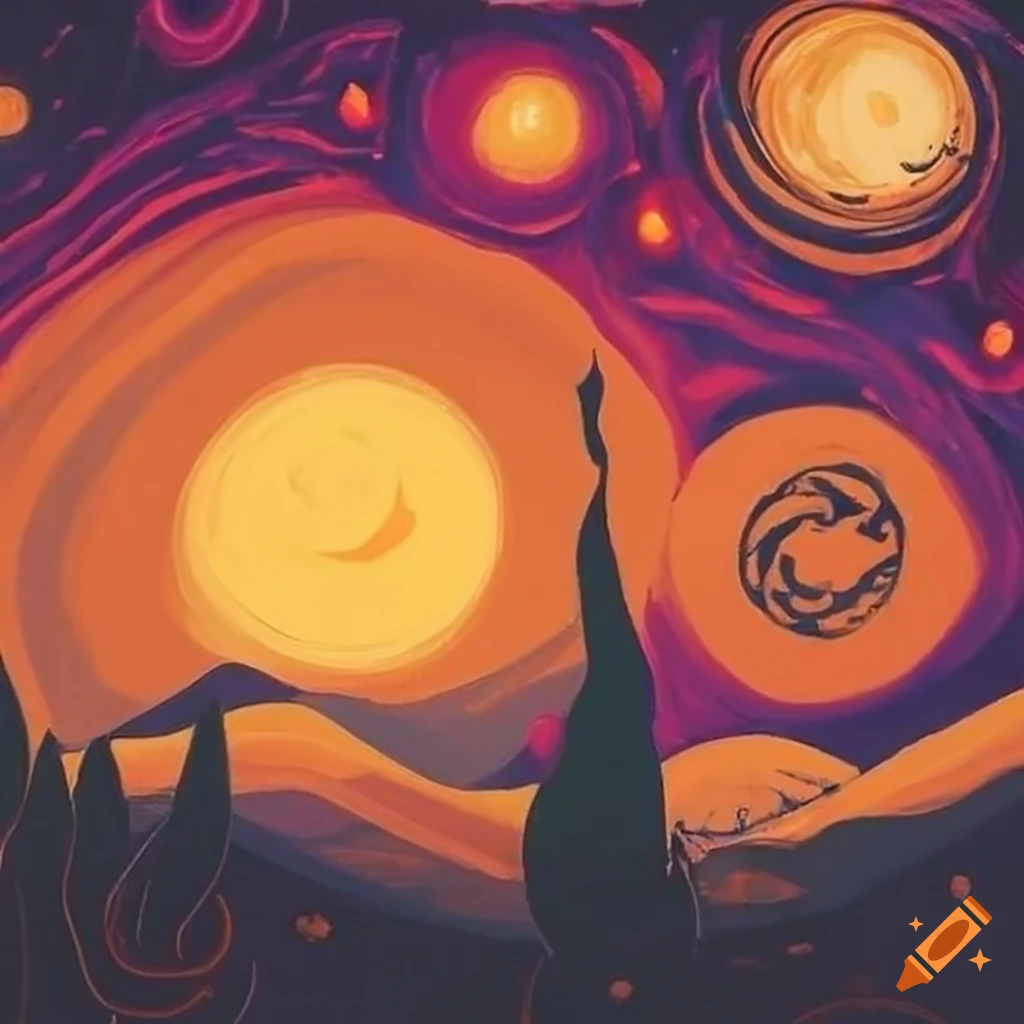 Orange-toned painting of starry night on mars