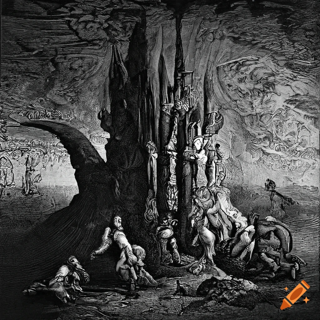 Surreal black and white art with giants and dwarfs on Craiyon