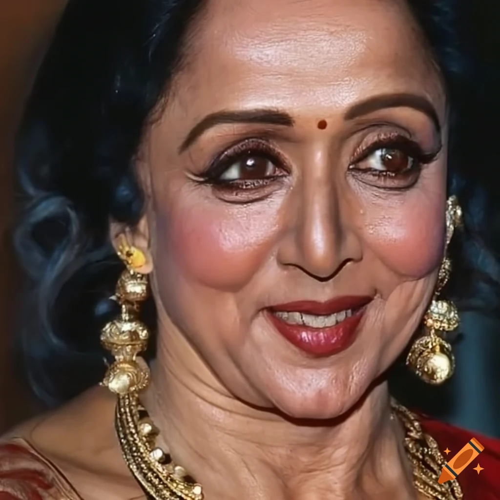 Close-up of Hema Malini's face with a golden nose ring on Craiyon