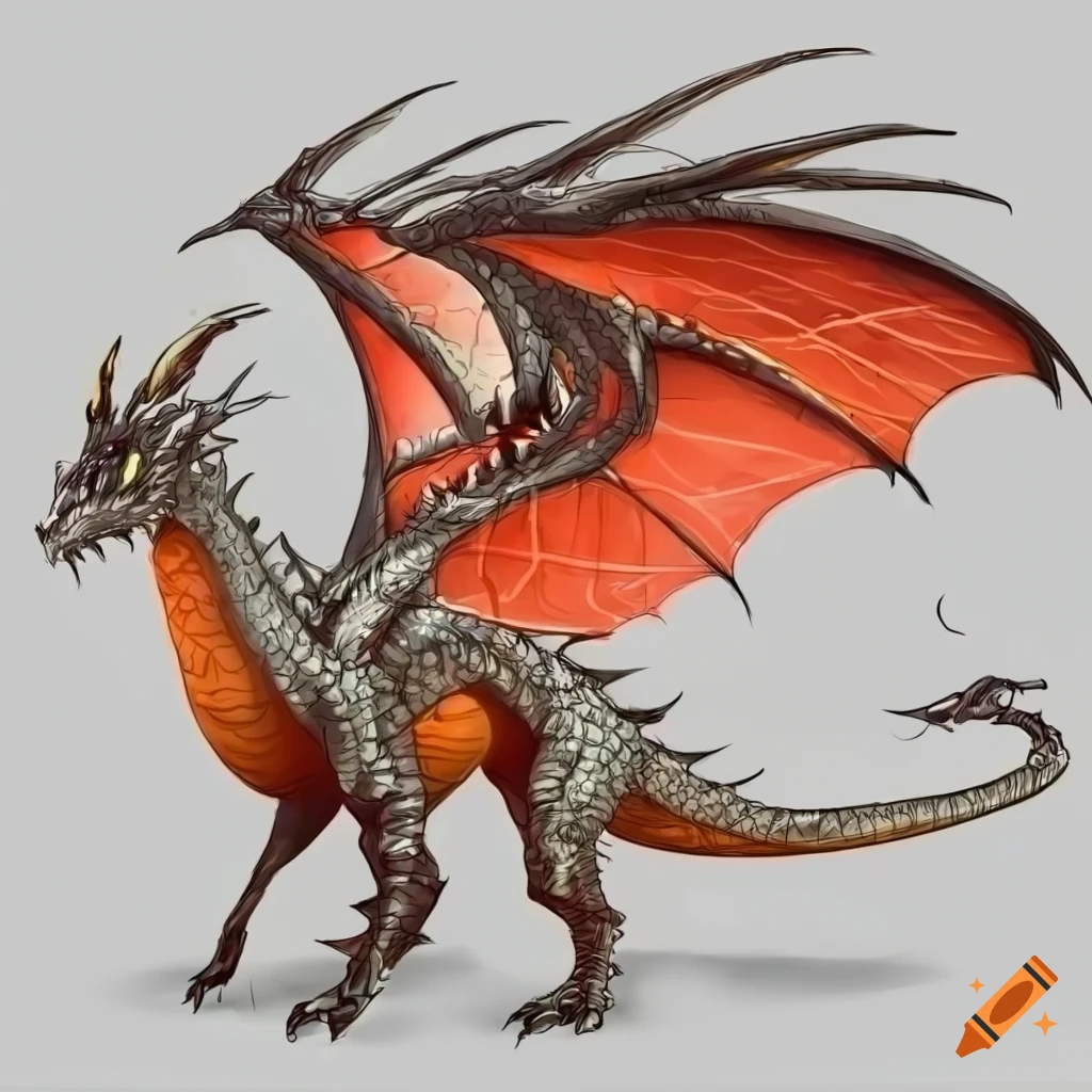 Detailed side view illustration of a dragon with wings and four legs on ...