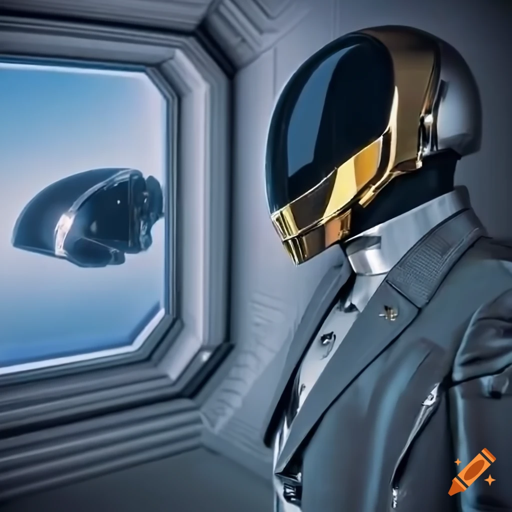 Photorealistic artwork of daft punk in a spaceship