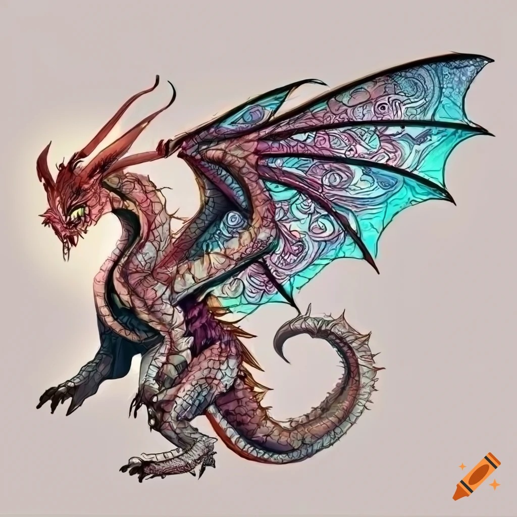 Detailed side view illustration of a dragon with wings and four legs on ...