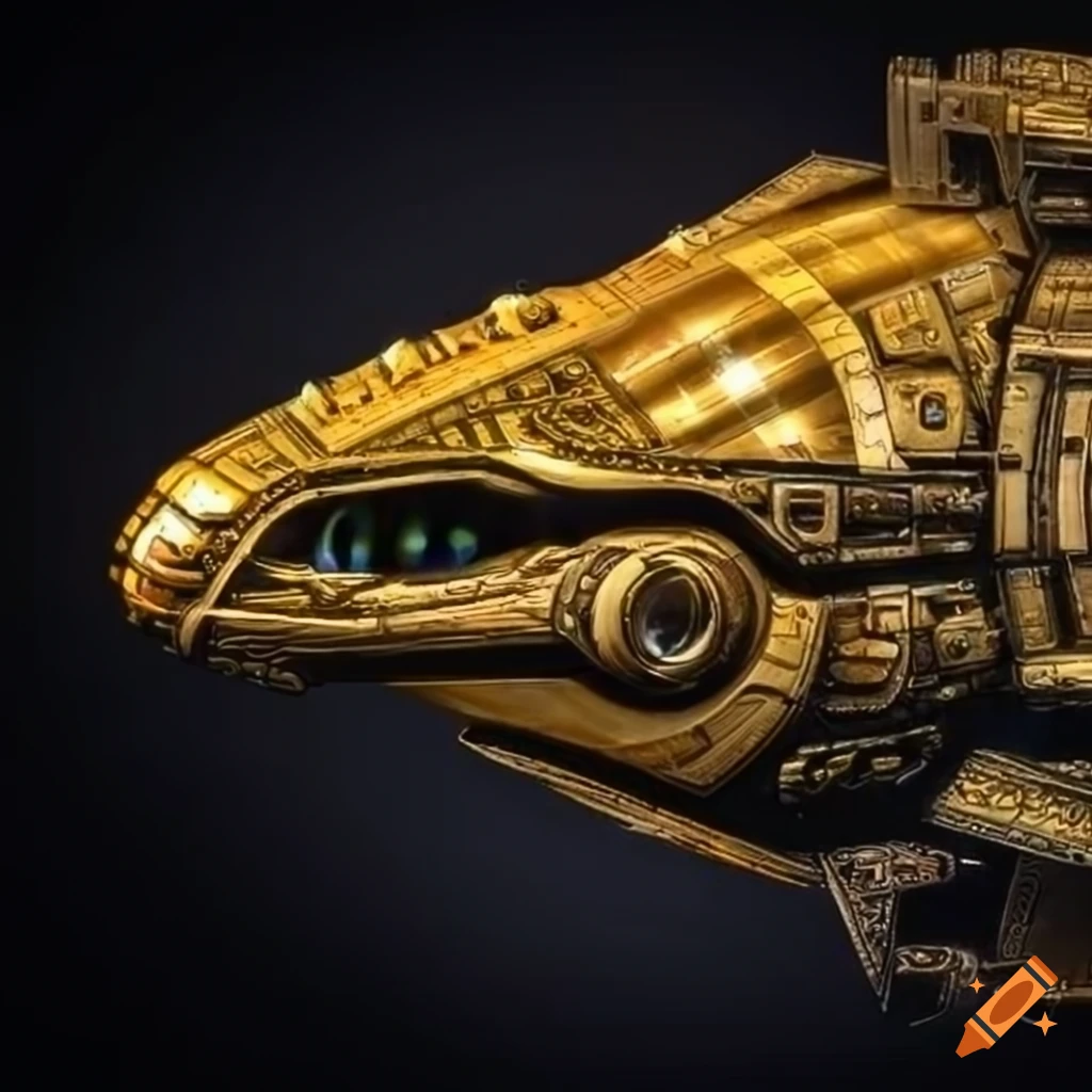 Golden sunbird battleship in aztec retrofuturist design on Craiyon
