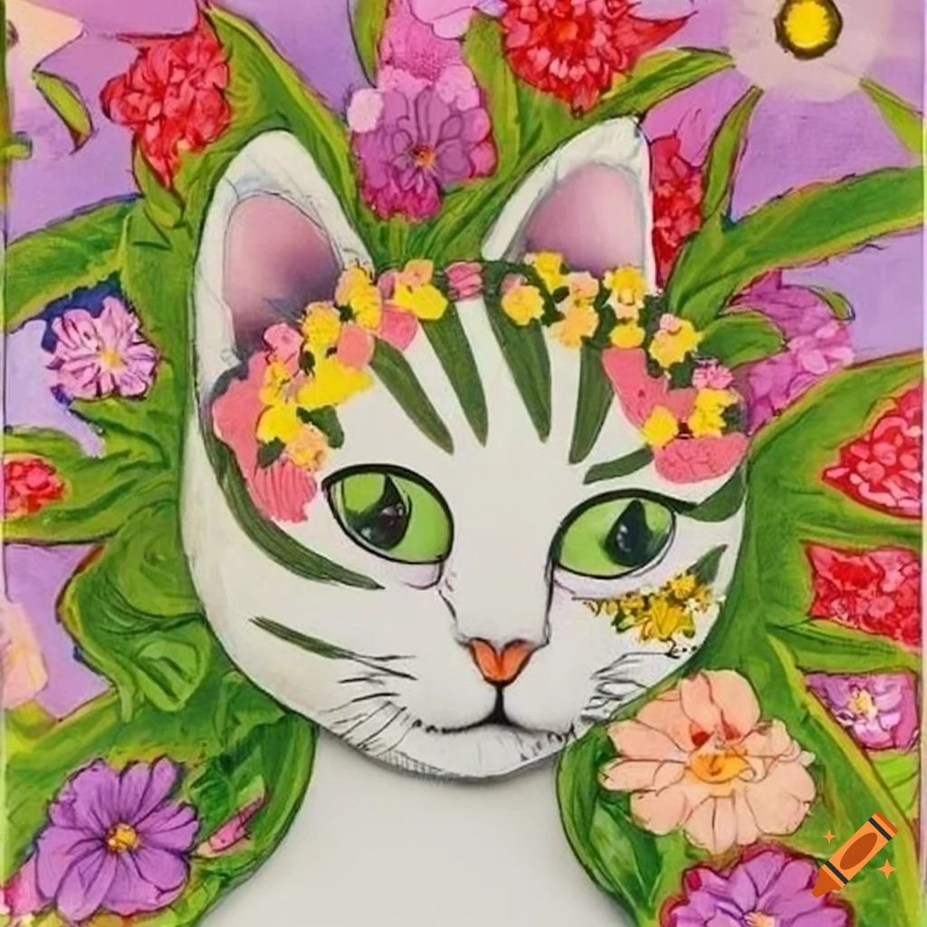 Artwork of a cat lady surrounded by blooming flowers on Craiyon