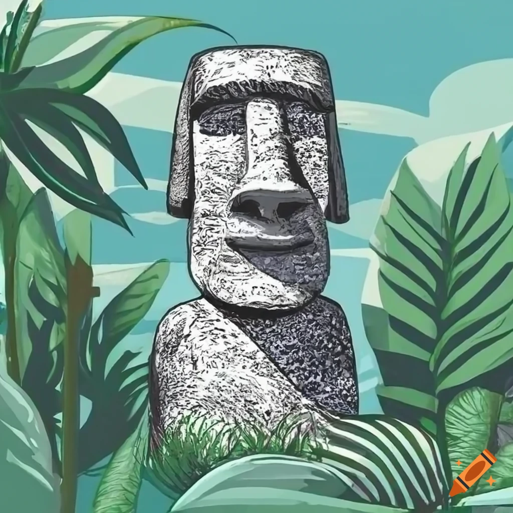 Logo with a stone moai statue in a tropical setting on Craiyon