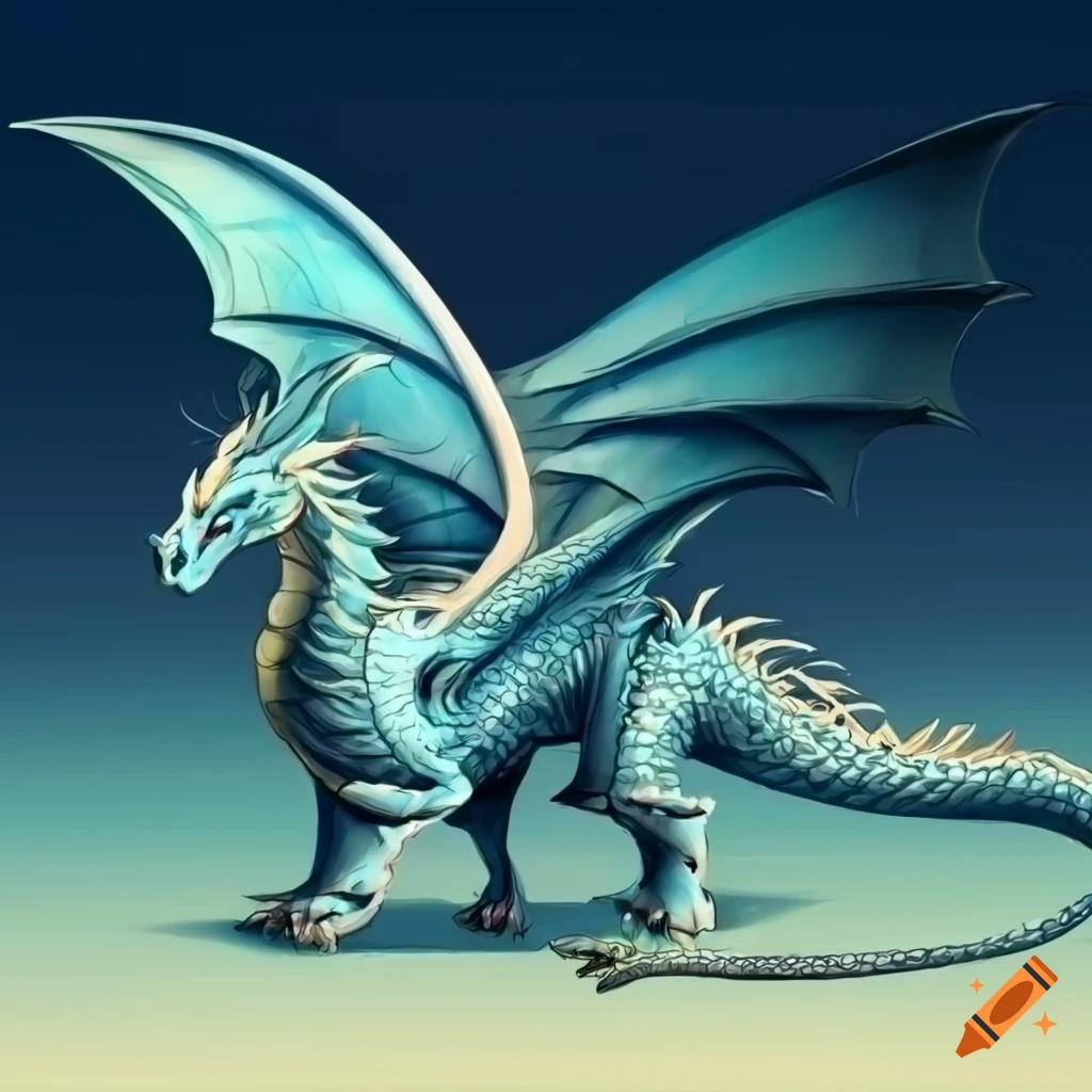 Detailed side view illustration of a dragon with wings and four legs on ...