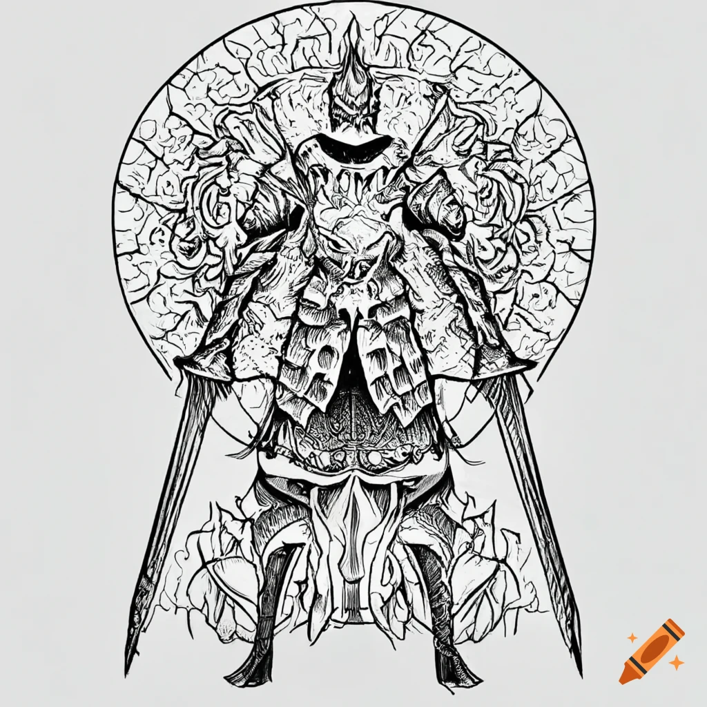 Intricate line drawing of a dark souls knight on Craiyon