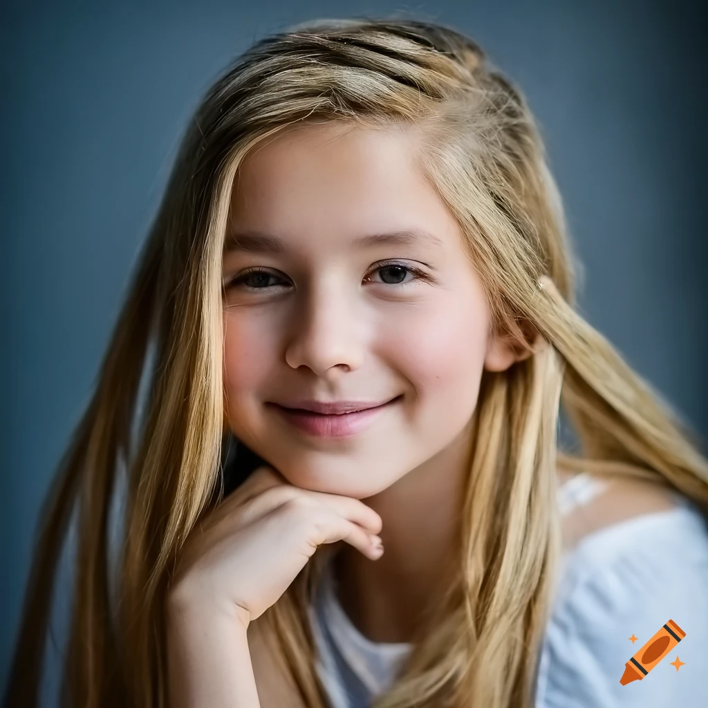 Portrait of a smiling tween girl with braided blond hair on Craiyon