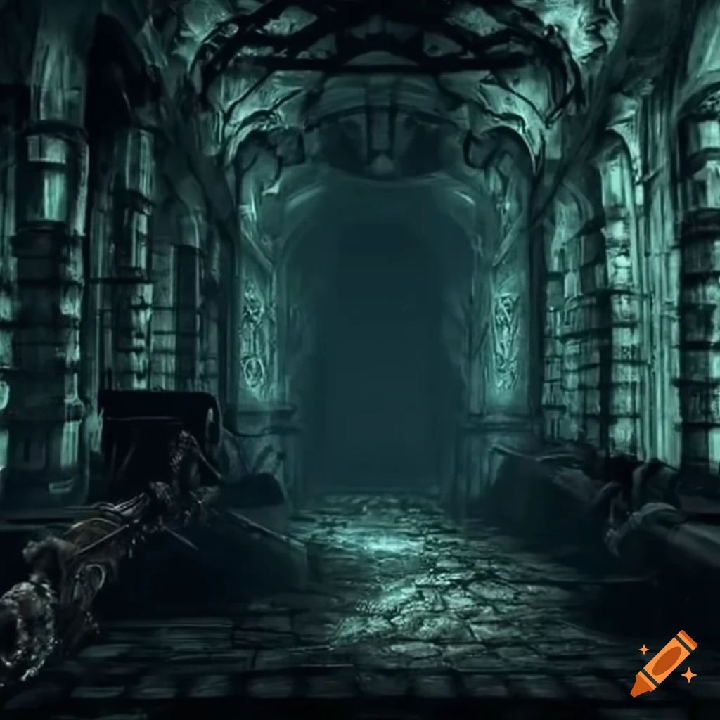 Image of a dark gothic library with trapped souls in bottles on Craiyon