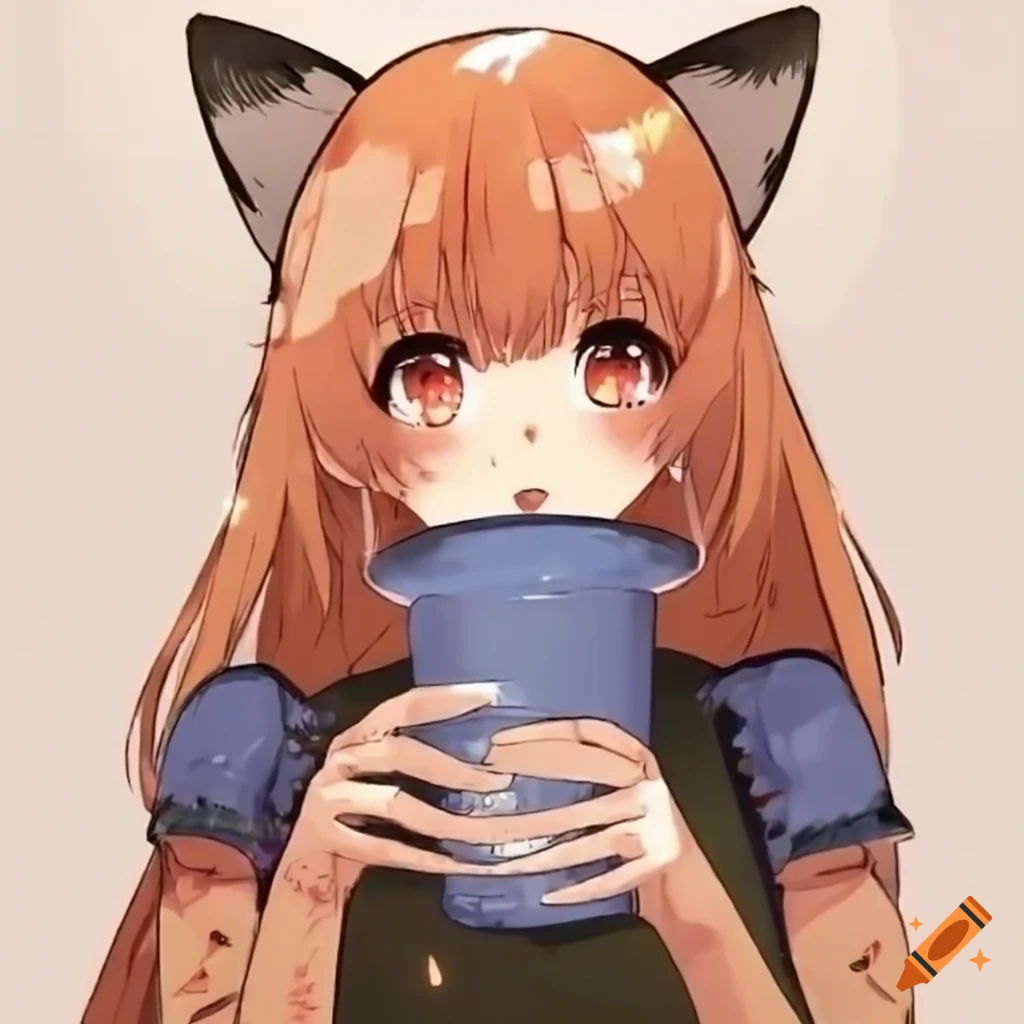 Anime fox girl drinking
