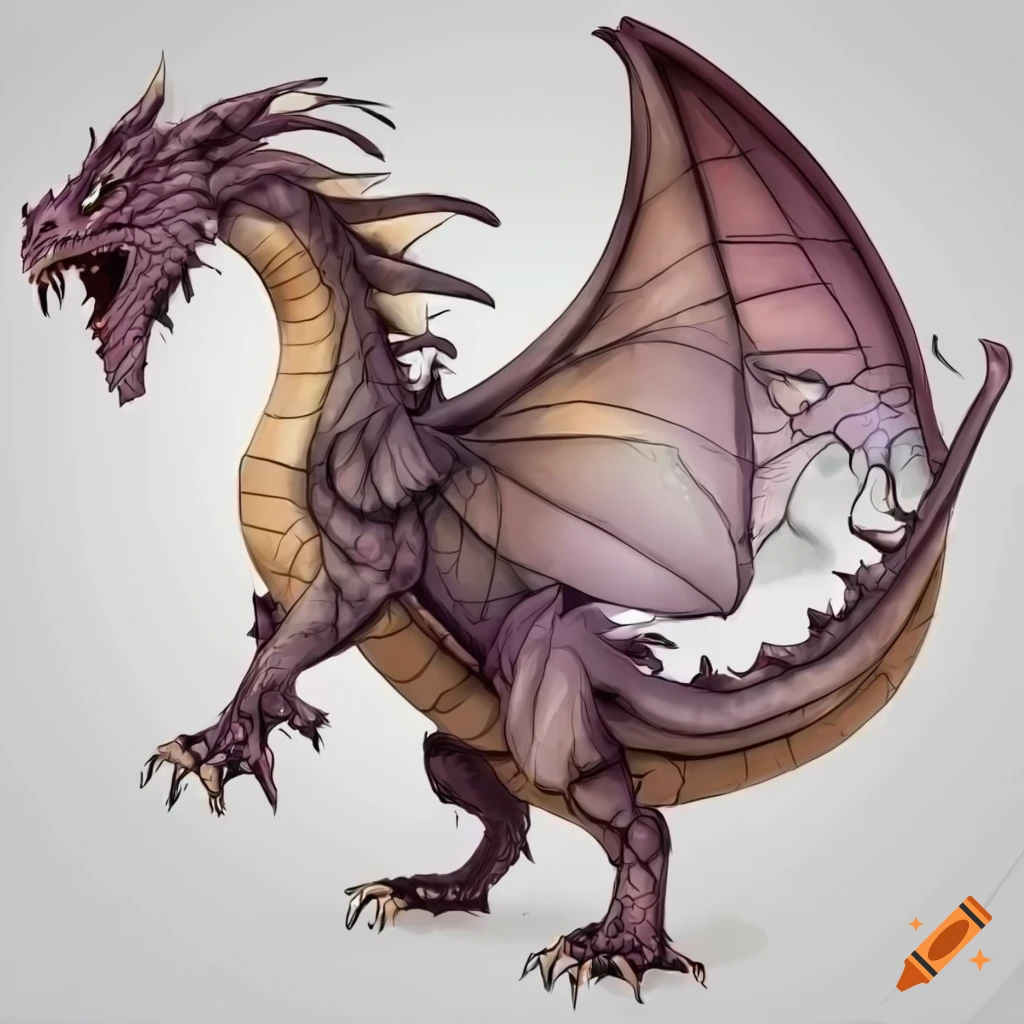 Detailed side view illustration of a dragon with wings and four legs on ...