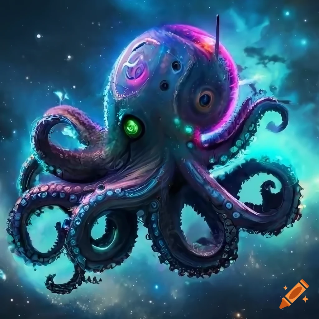 Photorealistic illustration of a furry octopus robotic space monster on ...