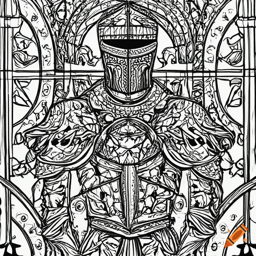 Intricate black and white drawing of a knight on Craiyon