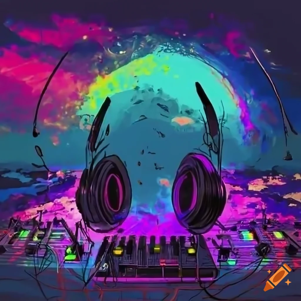 Colorful DJ set with a moon in the sky on Craiyon