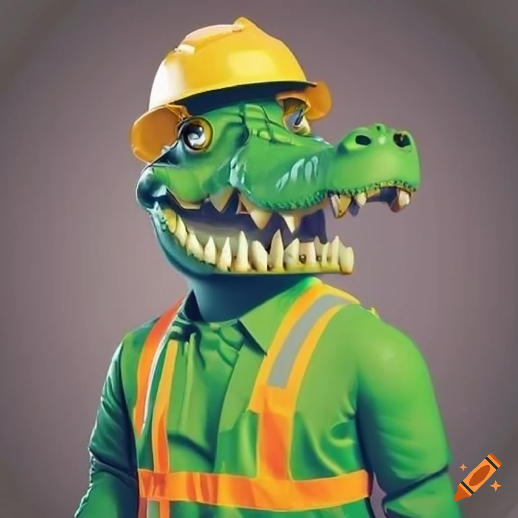 A crocodile wearing a yellow helmet and construction suit on Craiyon