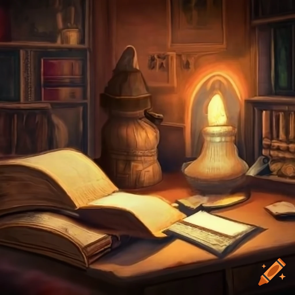 Image of an ancient wizard's study with scrolls and books on Craiyon