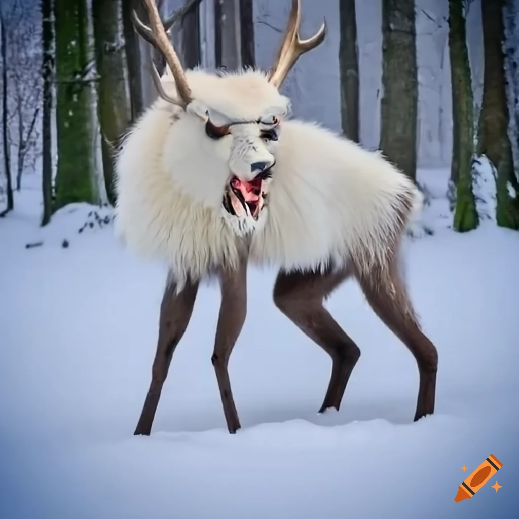 Creature with white fur and elk horns in the winter woods