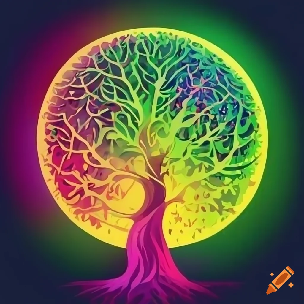 Glowing tree sign with magic hexagon