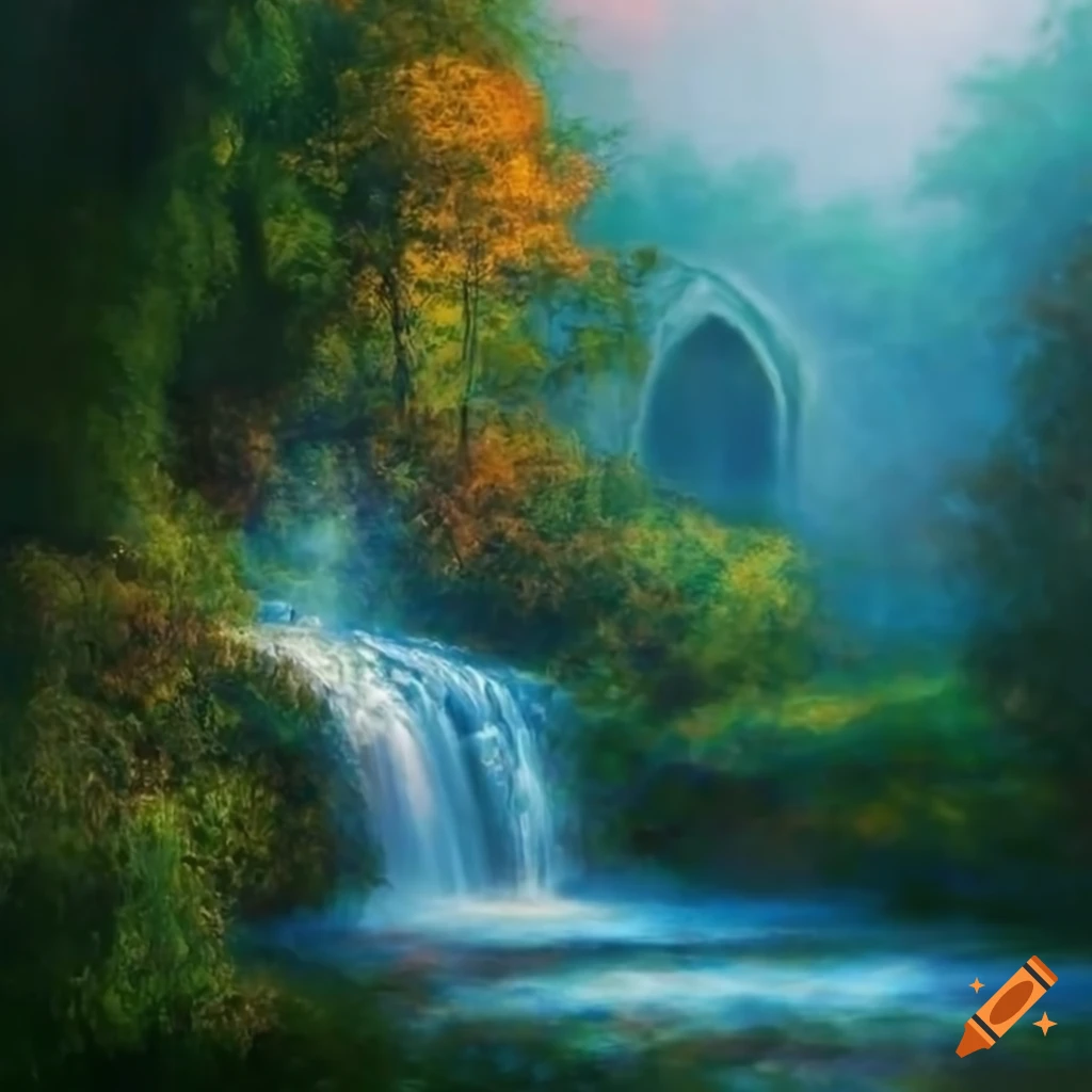 Monet-inspired fantasy landscape painting with a waterfall and baroque ...