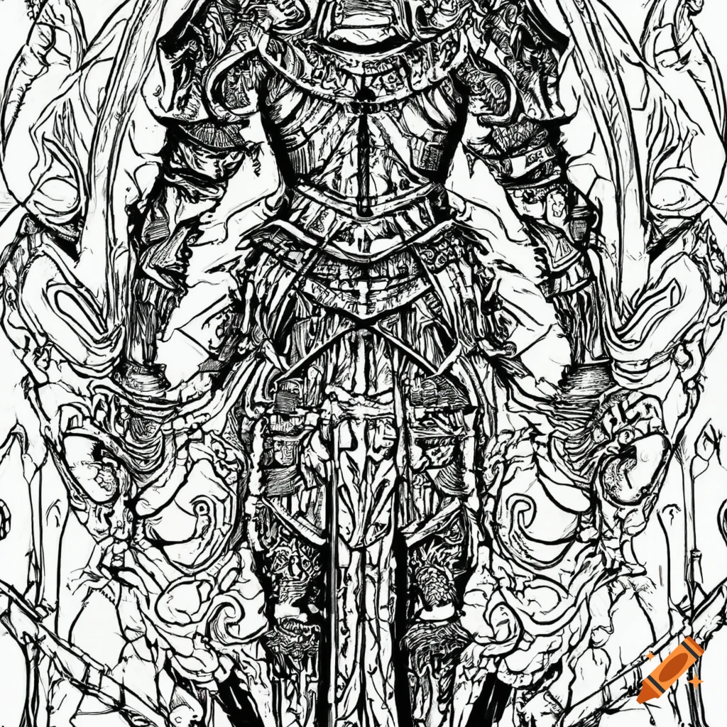 Detailed line drawing of a dark souls knight on Craiyon