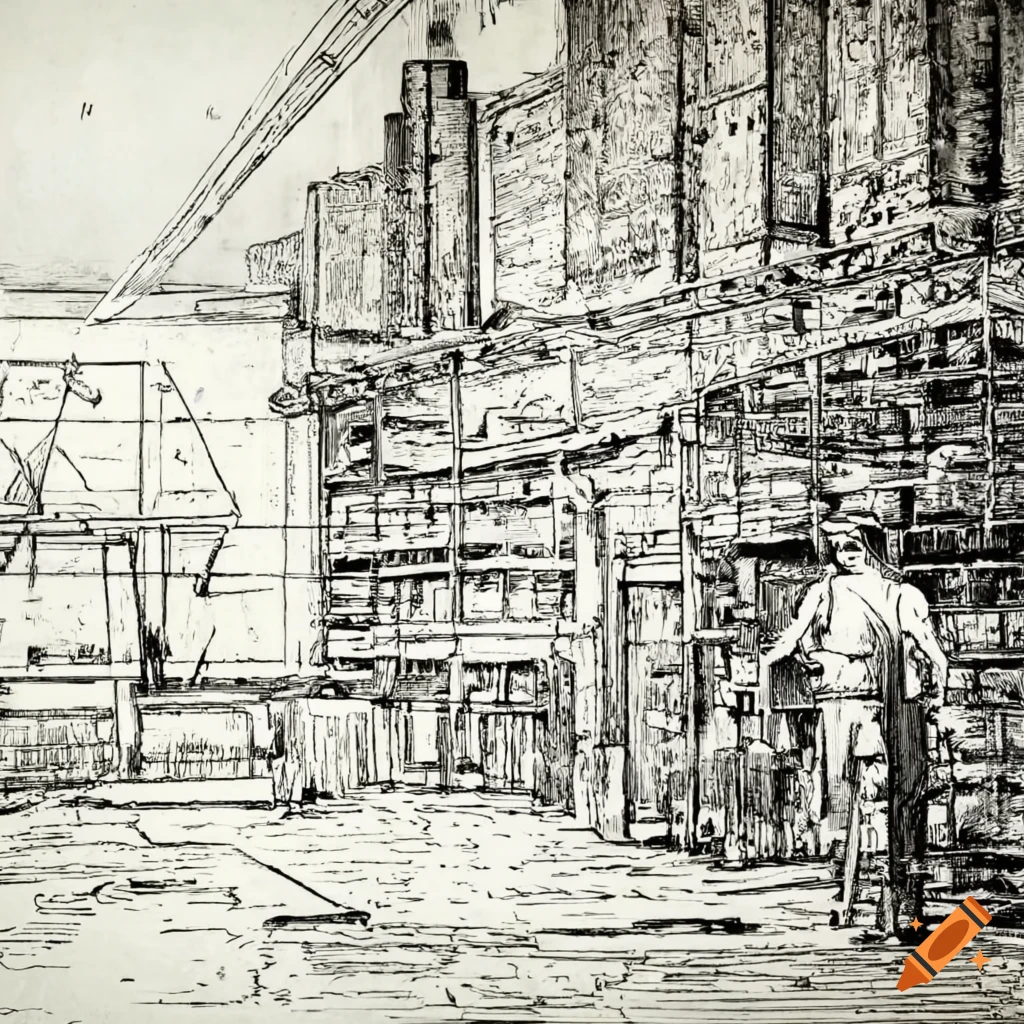 Detailed black and white drawing of a man working in a warehouse on Craiyon