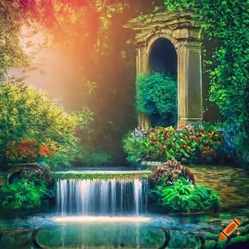 Monet-style garden with a watercourse and stone fountain on Craiyon