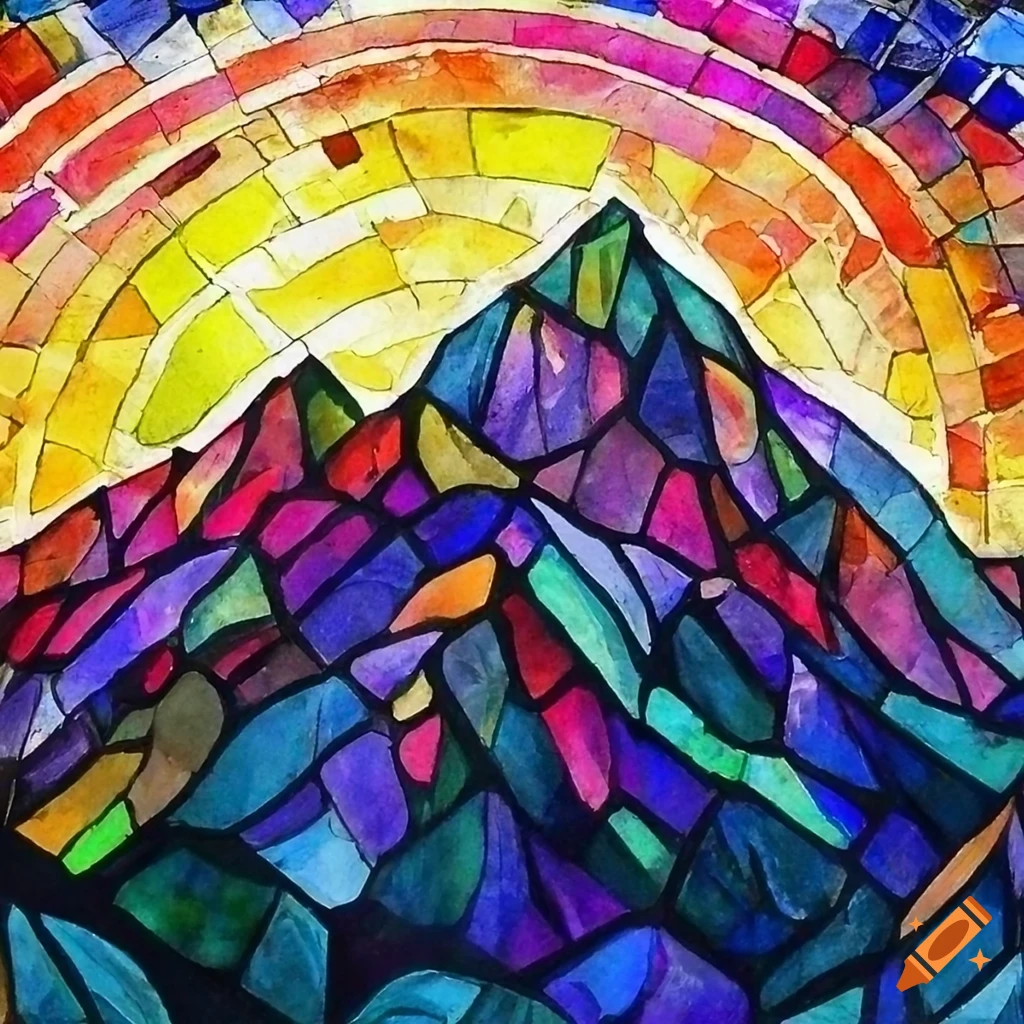 Stained glass art of a man standing on a mountain on Craiyon