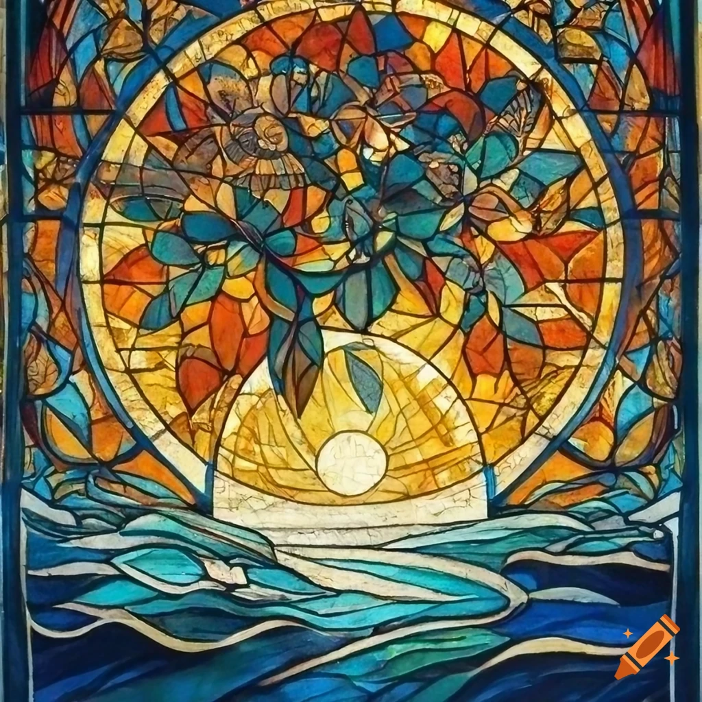 Golden hour stained glass illustration by Greg Rutkowski on Craiyon