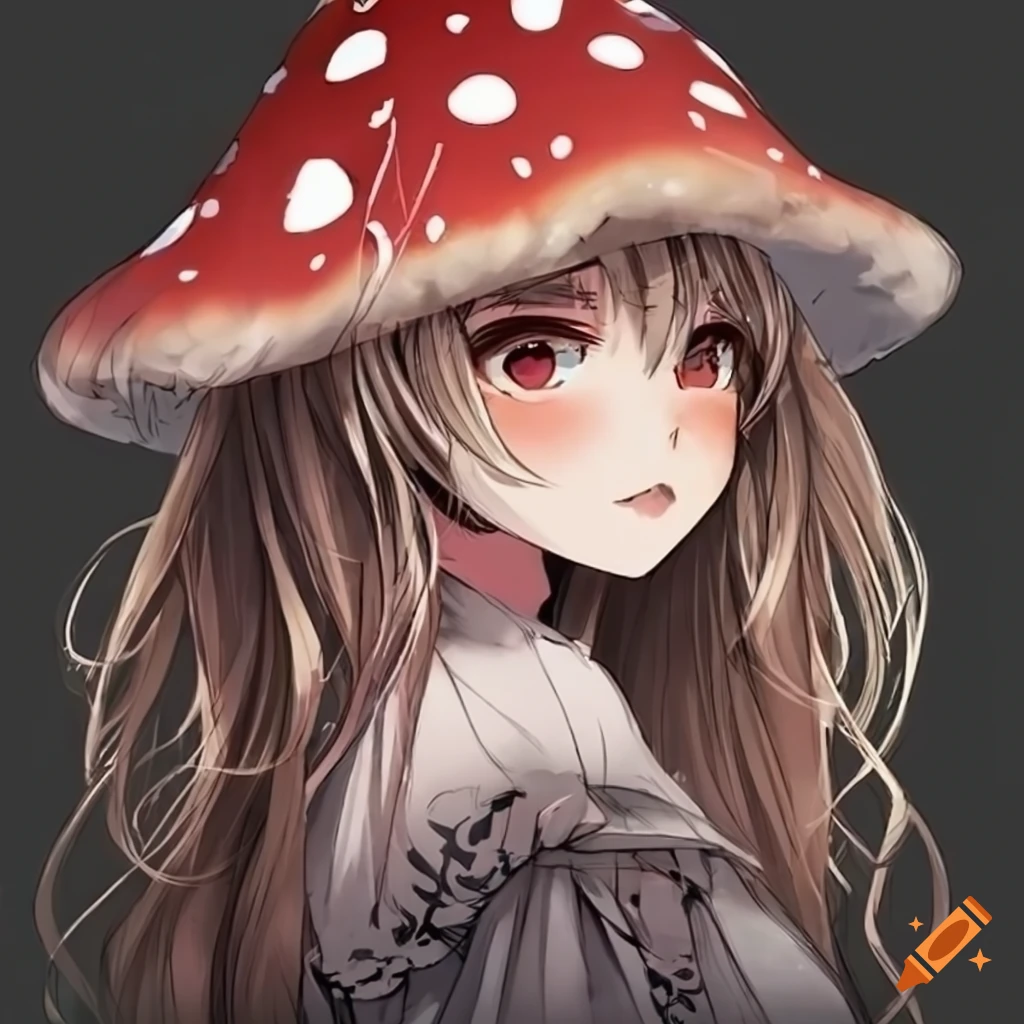Manga girl with mushroom hat and light brown hair on Craiyon
