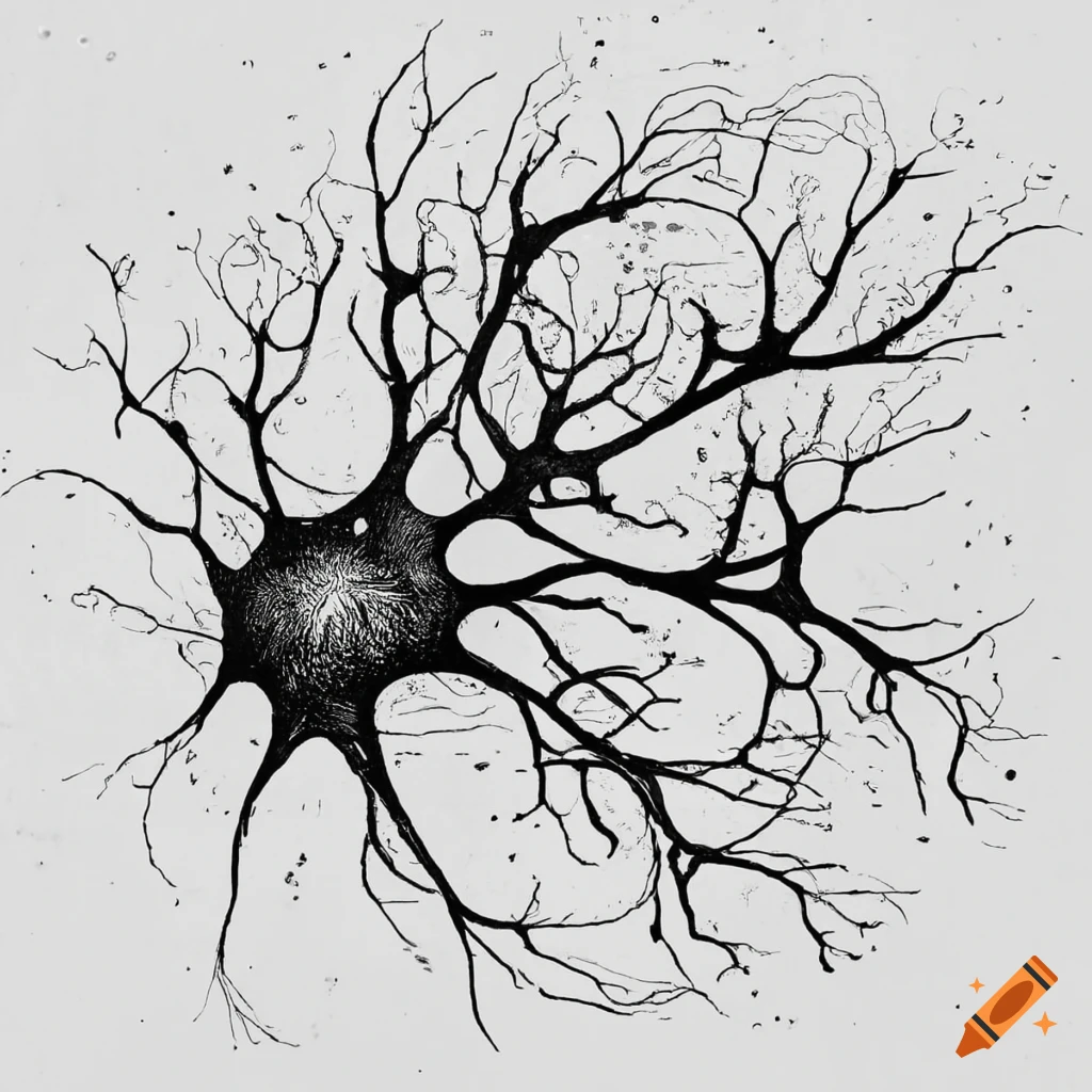 Black and white drawing of interconnected neurons on Craiyon