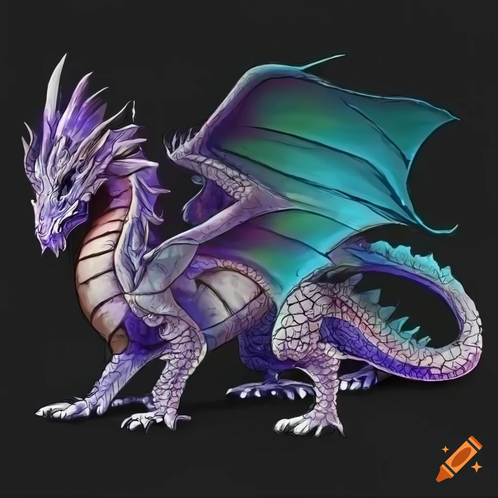 Side view illustration of a detailed dragon with wings and four legs on ...