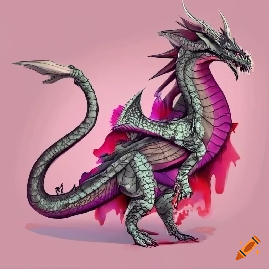 Detailed side view illustration of a dragon with wings and four legs on ...